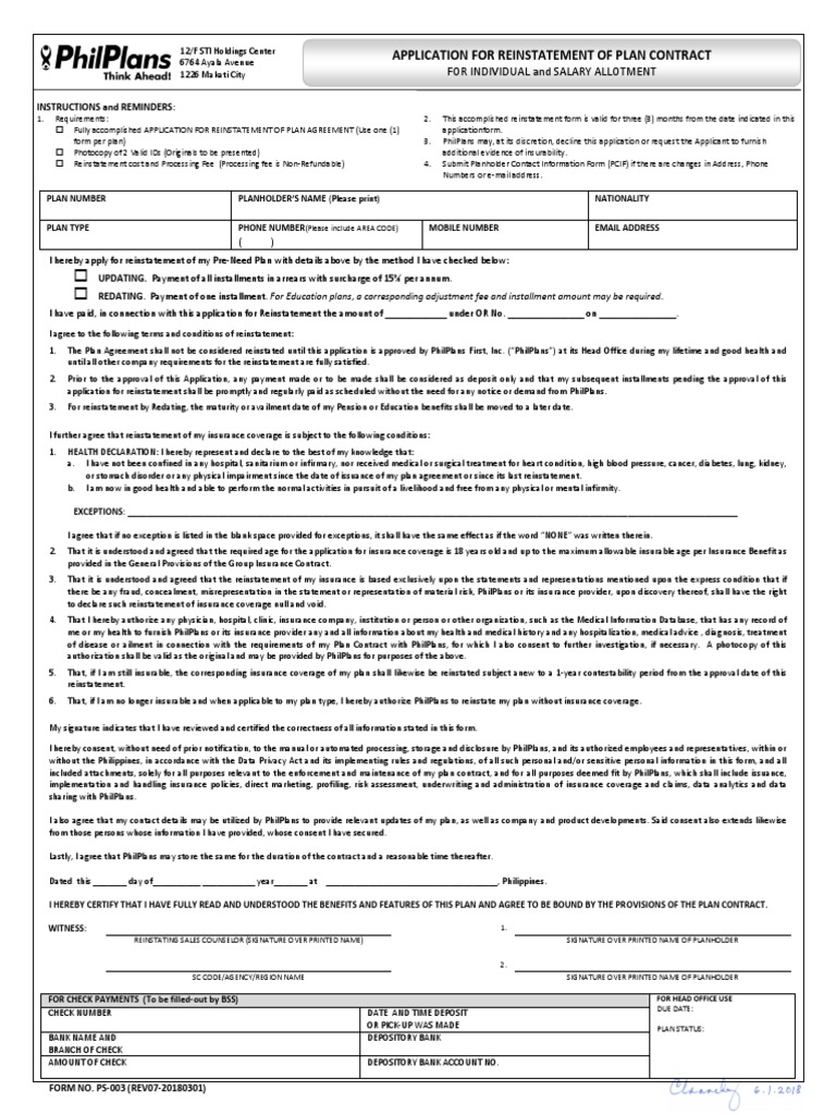 Application For Reinstatement of Plan Contract INDIVIDUAL | Download Free PDF | Insurance | Fee