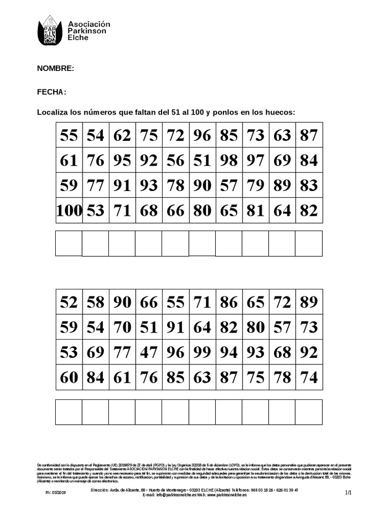 Ejercicios de Números del 51 al 100 | PDF