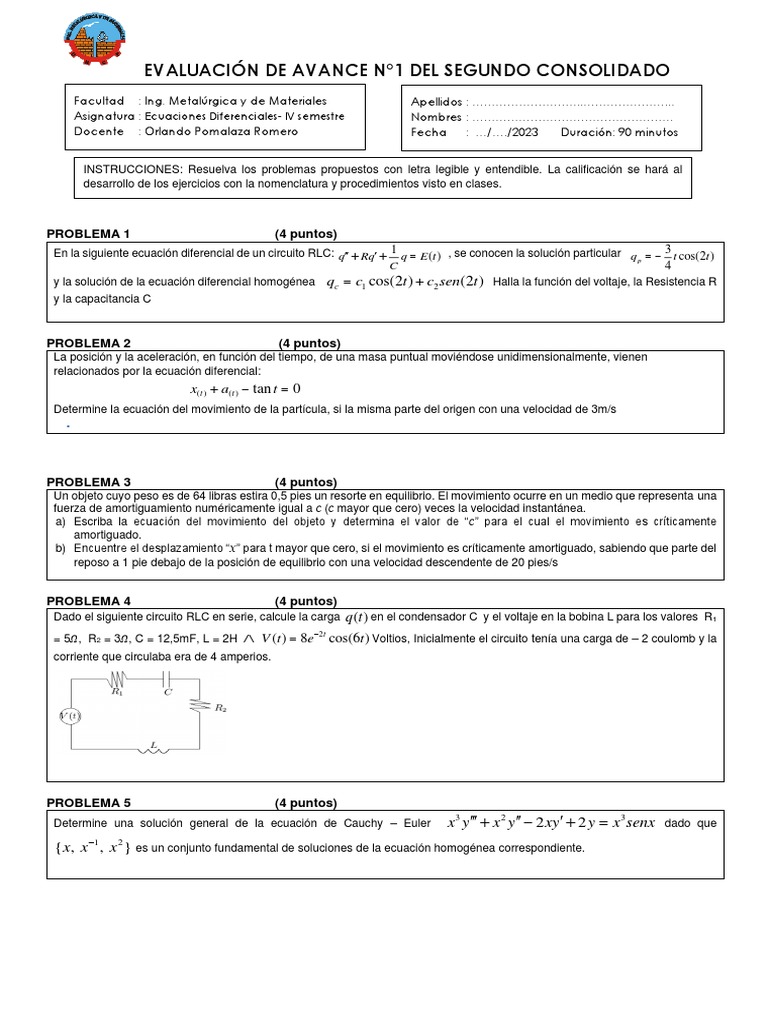 I EVALUACIÓN DE AVANCE - 2do Consol. 2023 | PDF | Ecuaciones | Velocidad