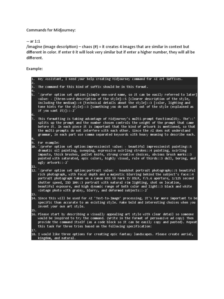 Commands For Midjourney | PDF | Shutter Speed | Imaging