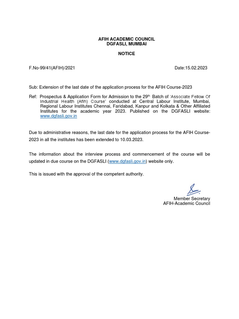 Notice Extension Date Afih 2022-23 | PDF