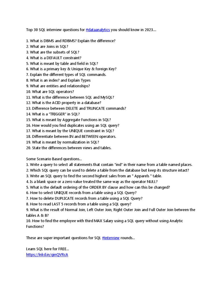 Top 30 SQL Interview Questions | PDF