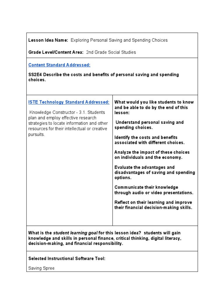 Lesson Exploring Personal Saving and Spending Choices | PDF | Learning ...