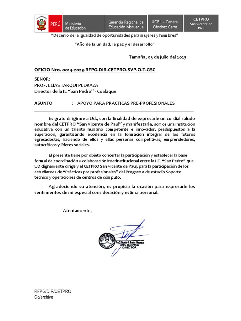 CETPRO-OFICIOS 014 - APOYO PARA PRACTICAS PREPROFESIONALES | PDF