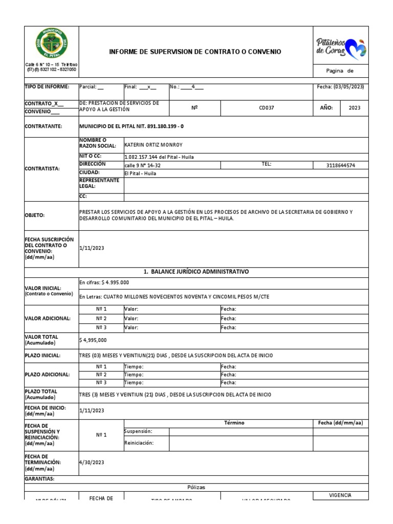 Informe de Supervisión de Contrato o Convenio. | PDF