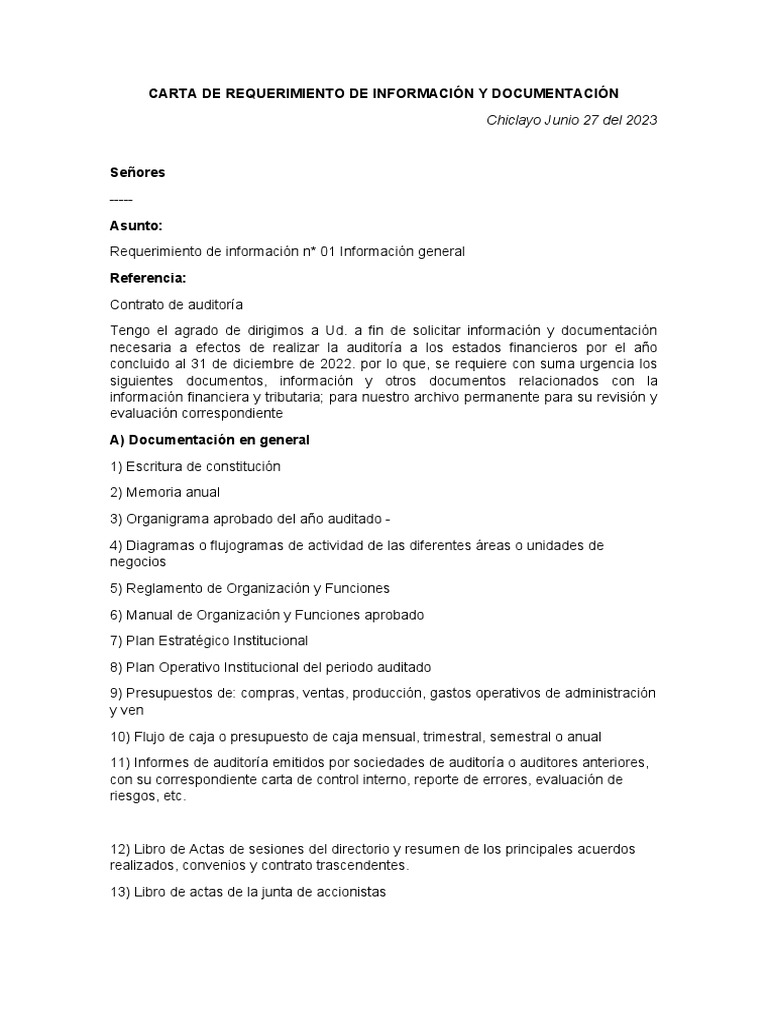 Ejemplo De Carta De Requerimiento