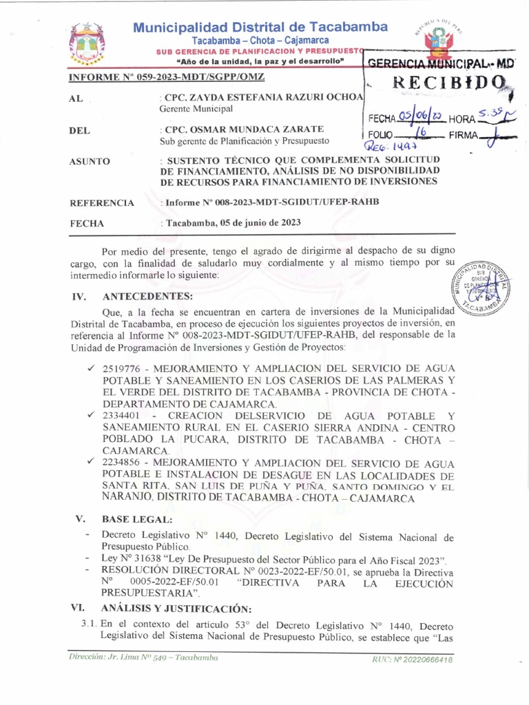 Informe N°059-2023-Mdt-Sgpp-Omz - Sustento Tecnico-Solicitud de Financiamiento | PDF