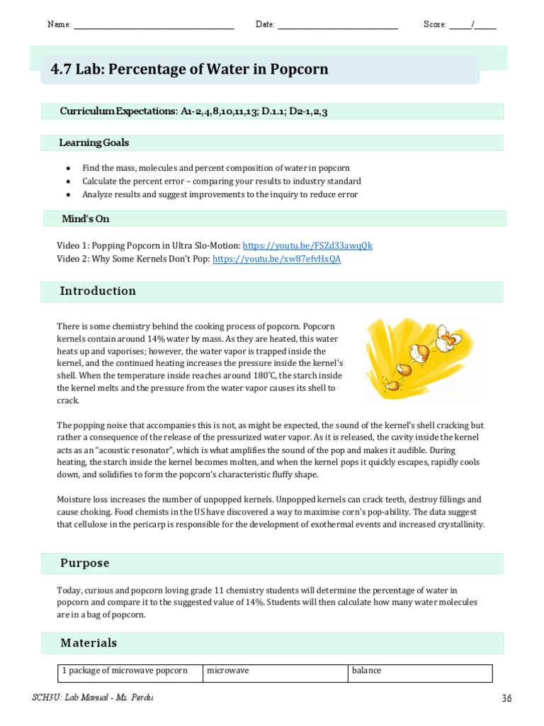 4.7 Lab - Percentage of Water in Popcorn | PDF | Popcorn | Water