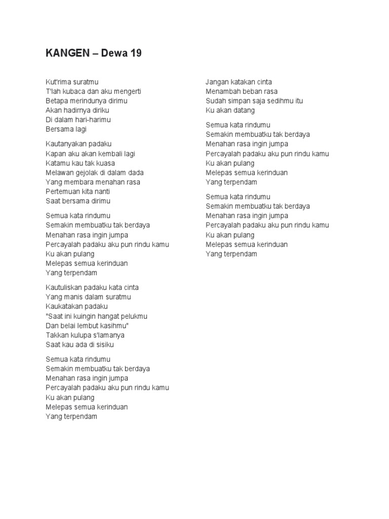Lirik Kangen - Dewa 19 | PDF