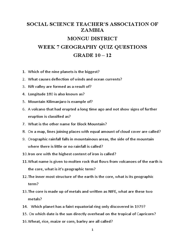 Grade 10-12 Geography Quiz Questions | PDF | Agriculture | Earth