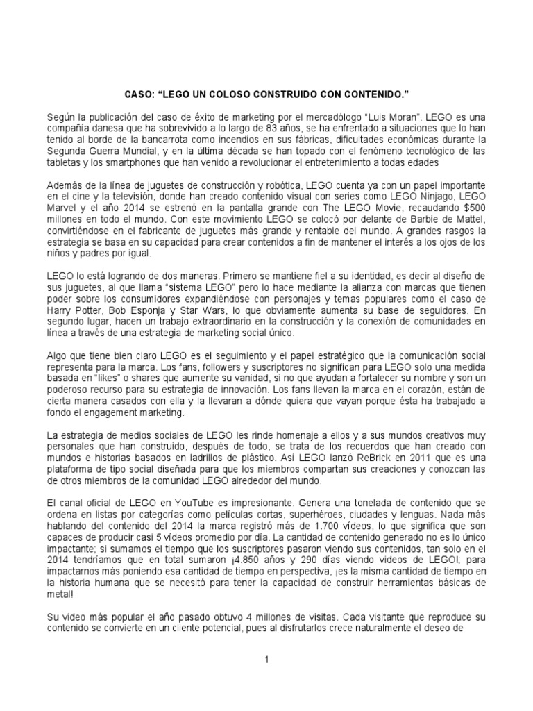 CASO LEGO UN COLOSO CONSTRUIDO CON CONTENIDO | PDF | Youtube | Marketing