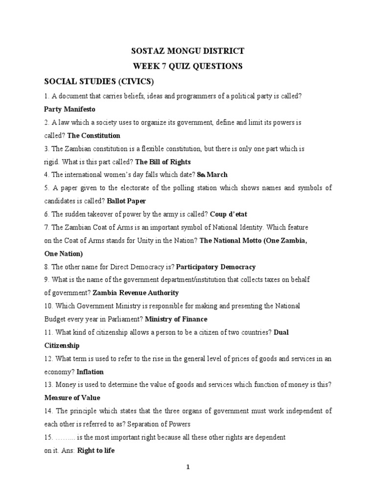 Grade 7 Social Studies Quiz Questions | PDF | Zambia | Constitution