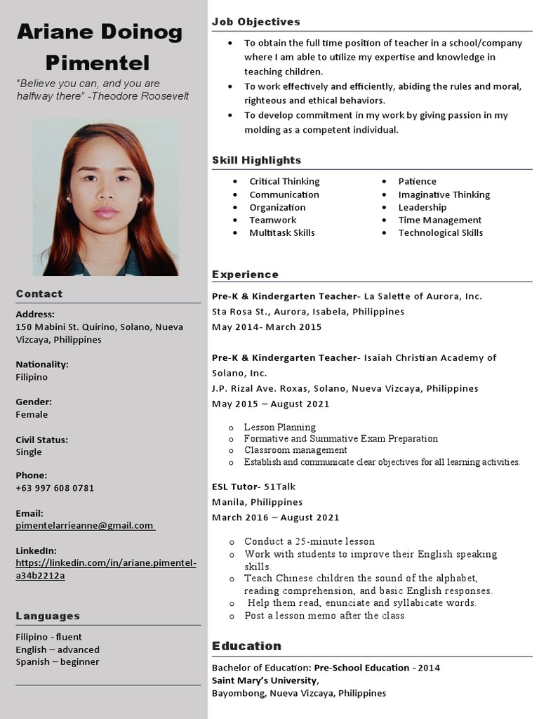 Ariane D. Pimentel Resume | Download Free PDF | Teachers | Philippines