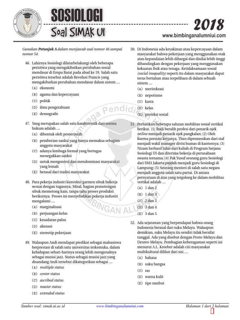 Soal SIMAK UI Sosiologi 2018 - Bimbingan Alumni UI - 2 | PDF Soal SIMAK UI Sosiologi 2018 - Bimbingan Alumni UI - 2 | PDF