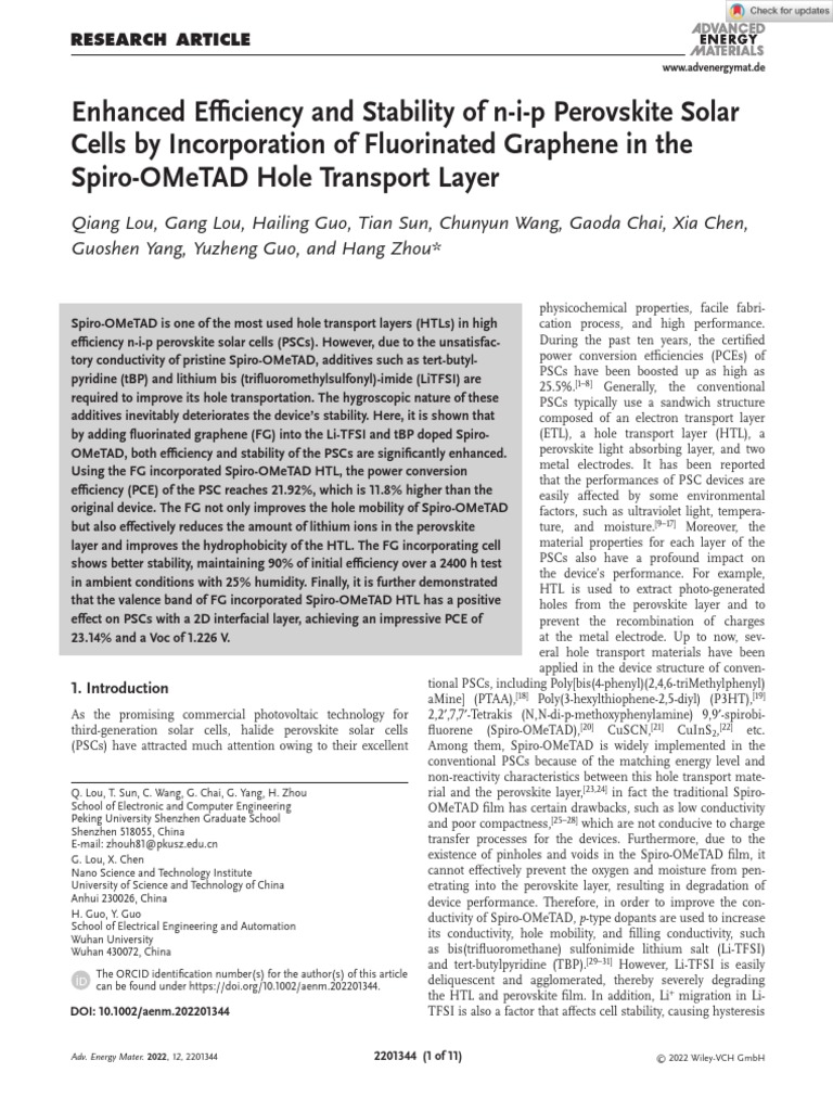 Enhanced Efficiency and Stability of N-I-P Perovskite Solar Cells by Incorporation of ...