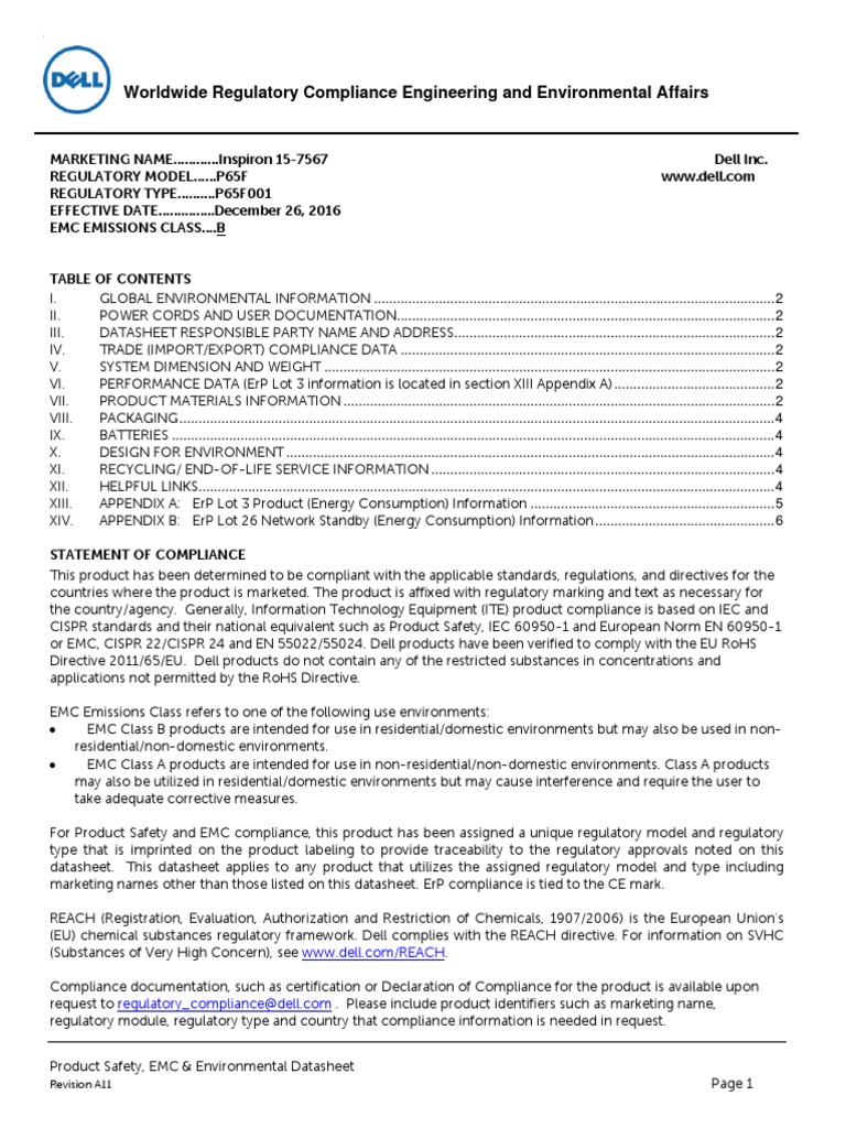 Dell Inspiron 7567, p65f, p65f001, Dell Regulatory and Environmental ...