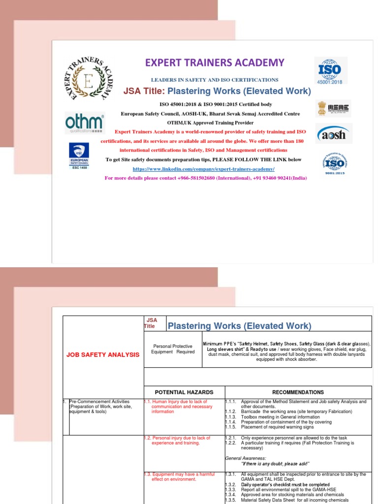 JSA for Elevated Plastering Works | PDF | Personal Protective Equipment | Fires