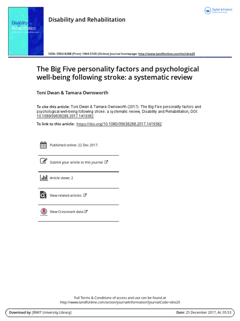 The Big Five Personality Factors and Psychological Well-Being Following Stroke: A Systematic ...