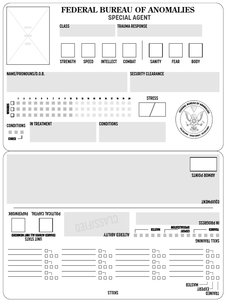 Anomalous Investigations Character Sheets | PDF | Role Playing Games