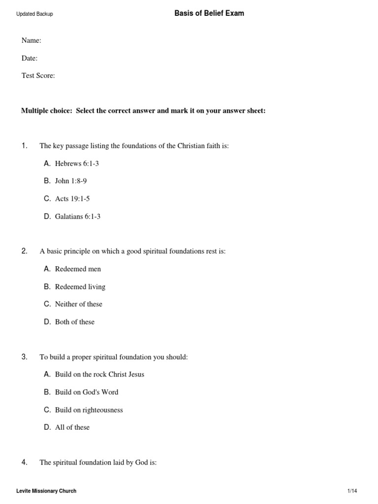 Basis of Belief Exam for Christians | PDF | Baptism | Spiritual Gift