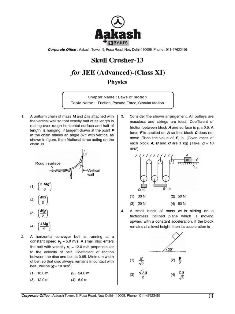 Skull Crusher-13 Class XI JEE (Adv) Physics | PDF | Friction | Applied And Interdisciplinary Physics