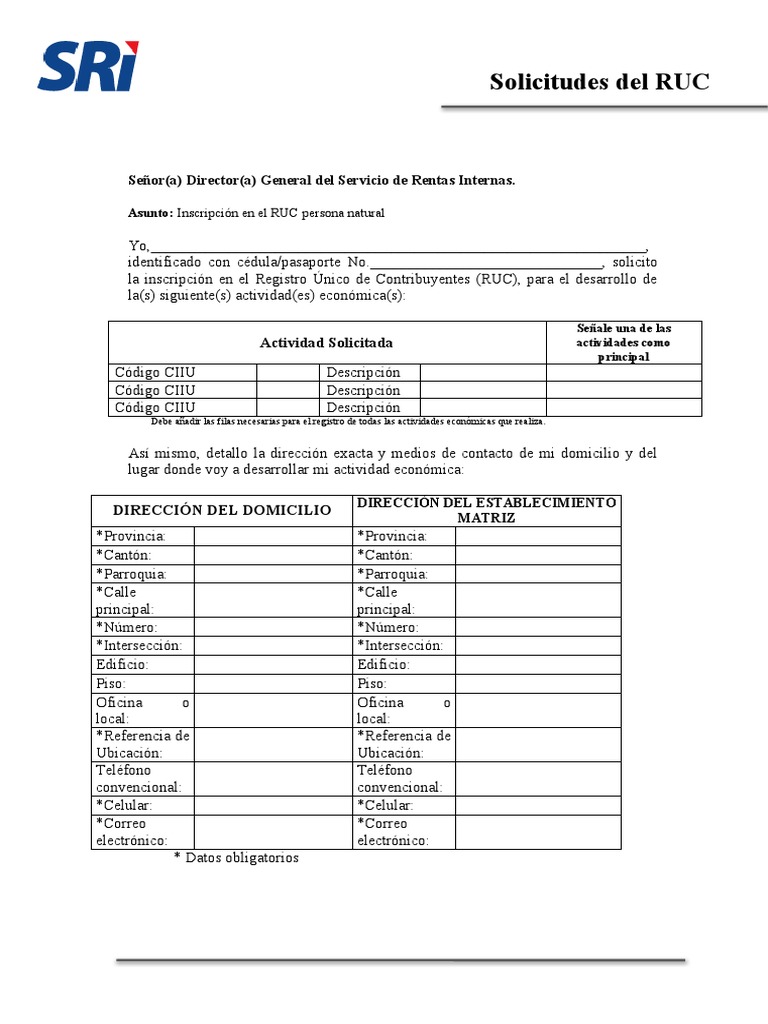 Formato Solicitudes RUC Inscripcion - Persona Natural | PDF