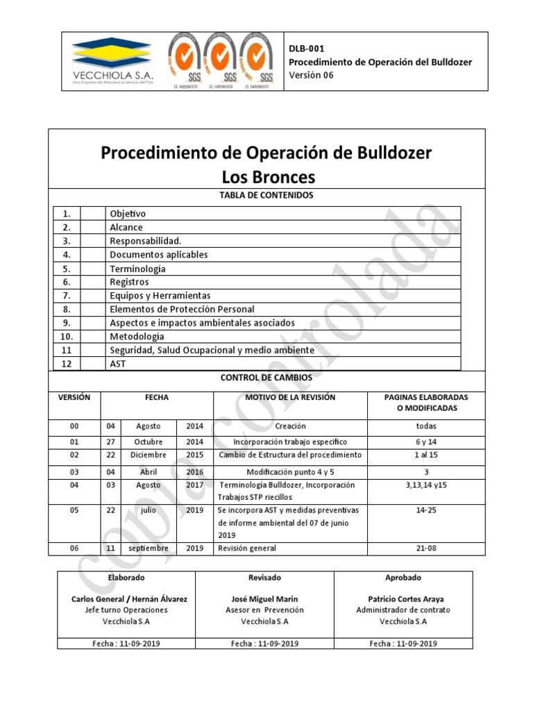 Procedimiento Operación Bulldozer DLB-001 | PDF | Seguridad y salud ...