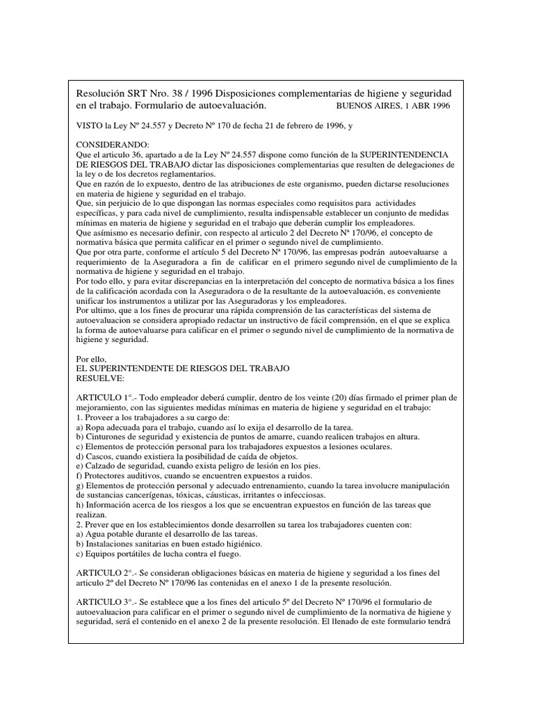 Res SRT 38-96 - Disposiciones Complementarias de Higiene y Seguridad | PDF | Seguridad y salud ...