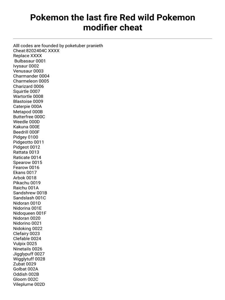 Pokemon The Last Fire Red Wild Pokemon - Modifier Cheat1622097784 | PDF | Pokémon | Nintendo ...