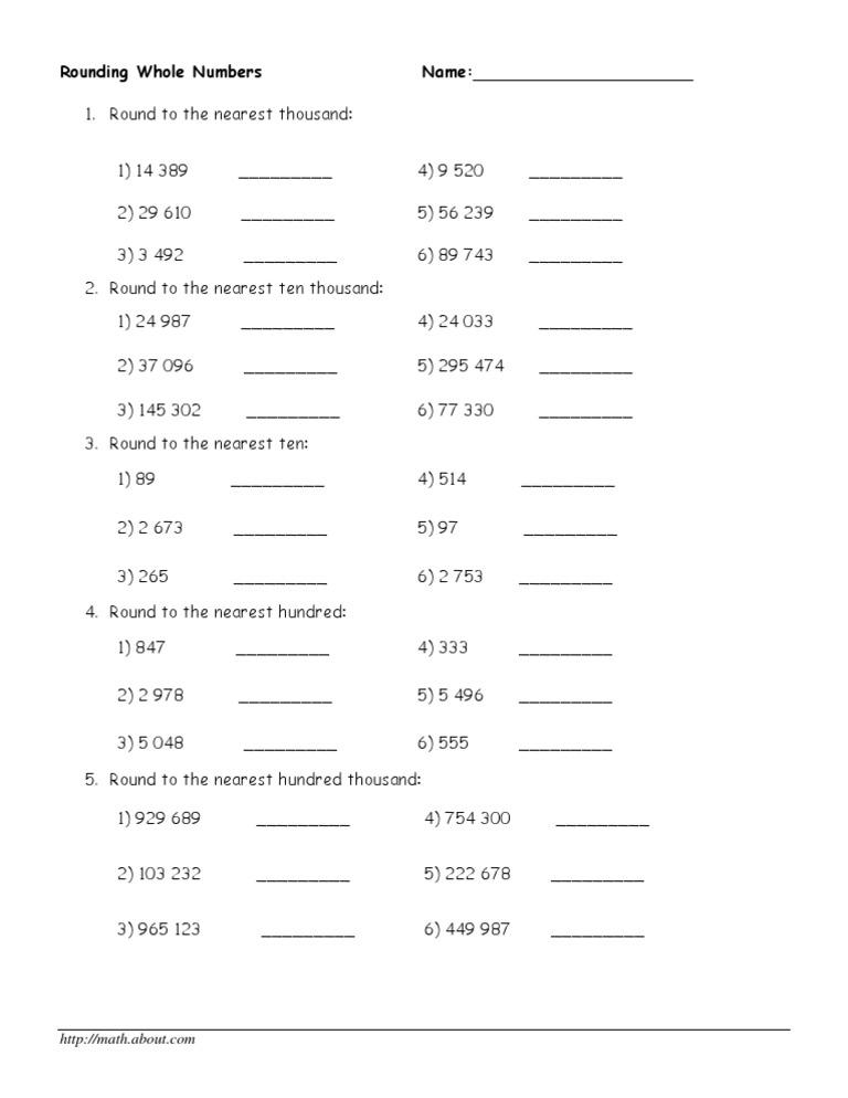 Rounding Whole Numbers Practice Sheet | PDF