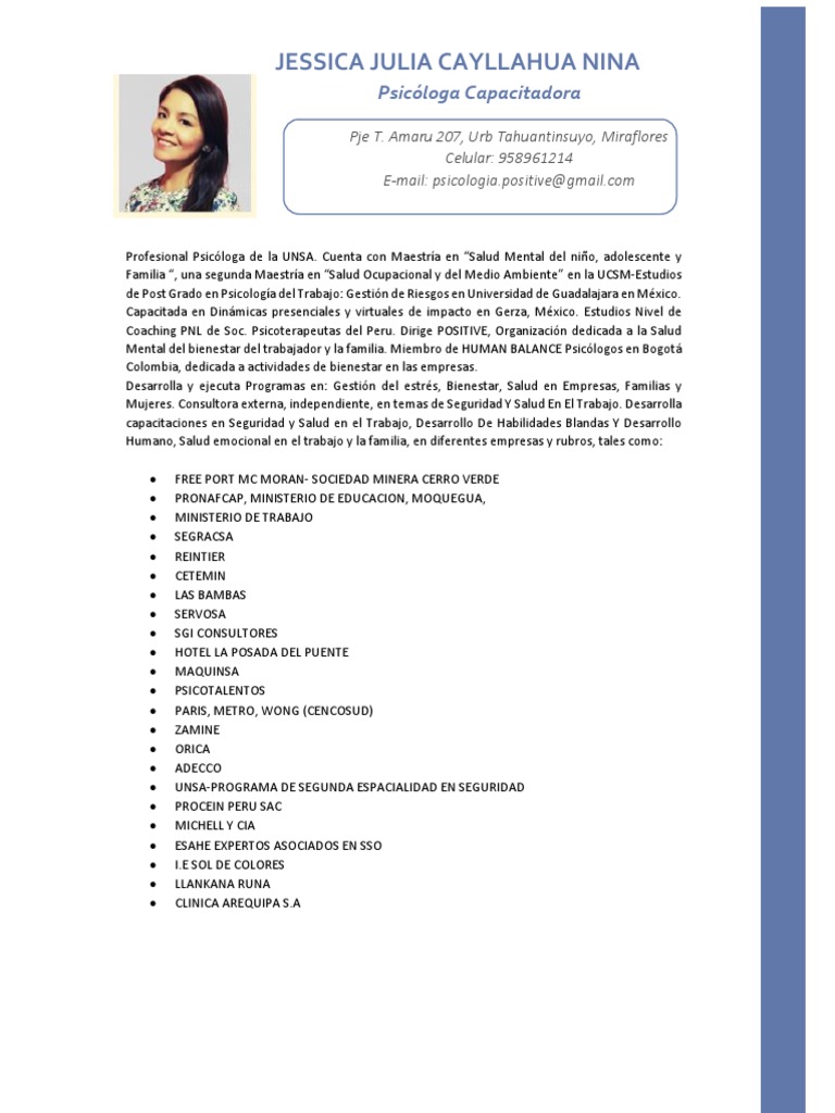 CV JESSICA CAYLLAHUA - Capacitadora | PDF | Sicología | Seguridad y ...