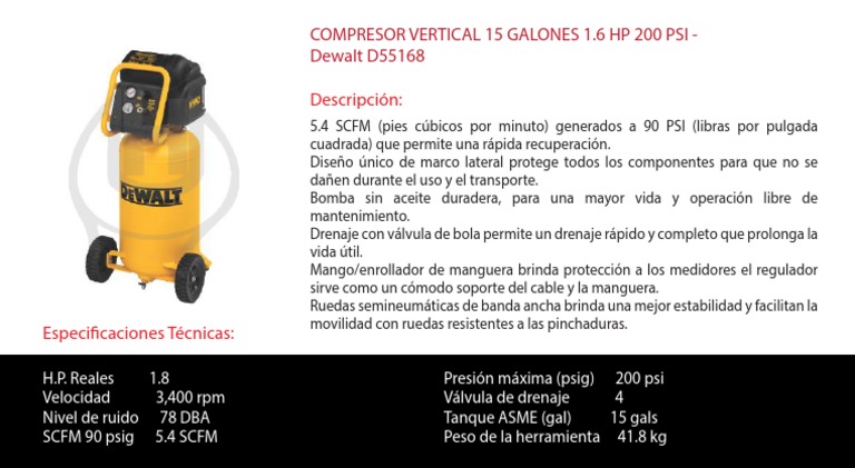 Ficha Tecnica Compresor de Aire 5.4 SCFM - 200 PSI Dewalt - Copia (2 ...