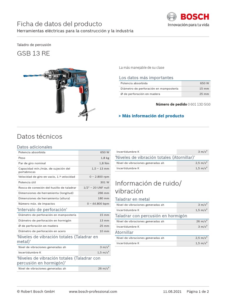 Ficha Tecnica - Taladro Percutor BOSCH-min | PDF | Perforación | Perforar