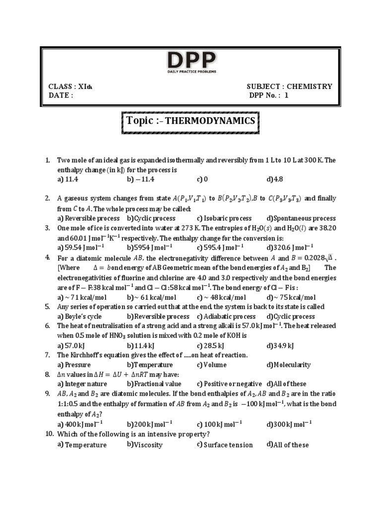 Chemistry XI: Thermodynamics Quiz | PDF | Enthalpy | Heat