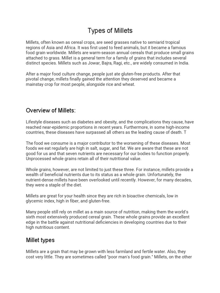 Types of Millets | PDF | Cereals | Whole Grain