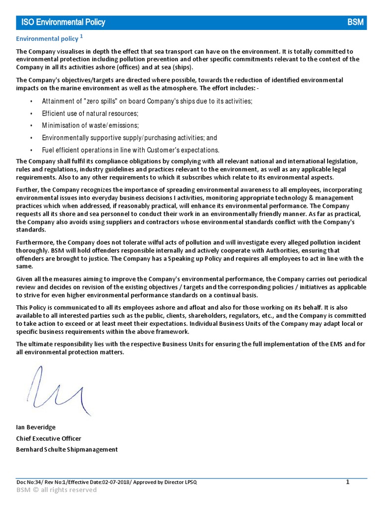 BSM - ISO Environmental Policy | PDF | Environmental Policy | Nature