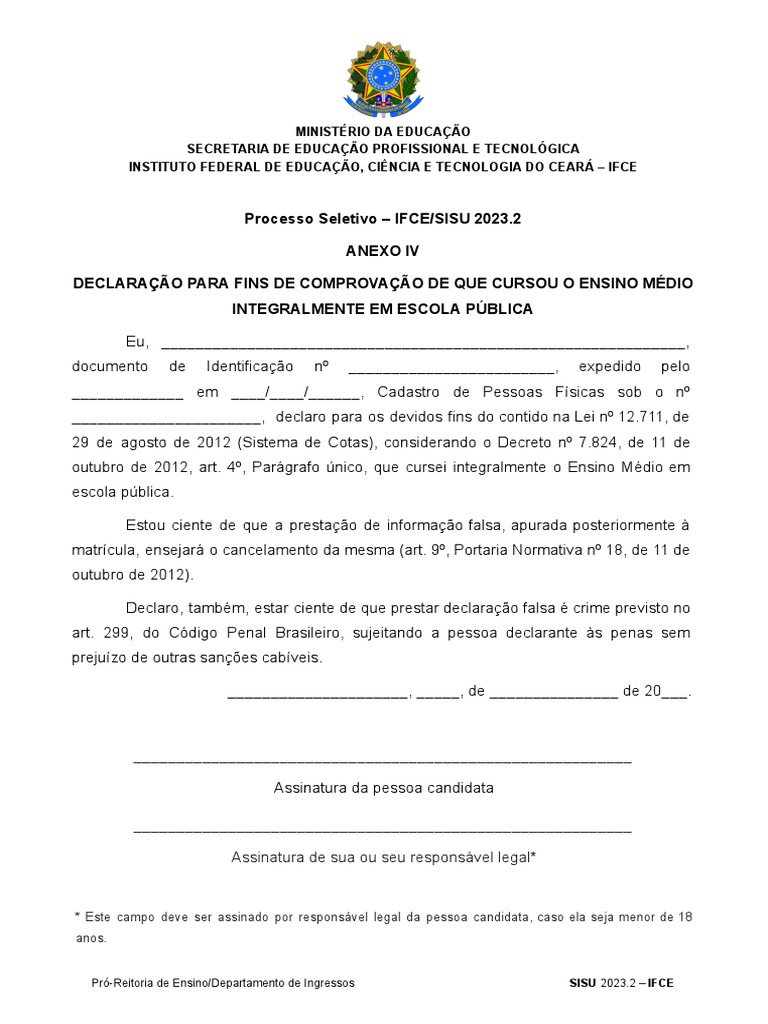 ANEXO IV - Declaração - Ensino Médio Integralmente em Escola Pública | PDF ANEXO IV - Declaração - Ensino Médio Integralmente em Escola Pública | PDF