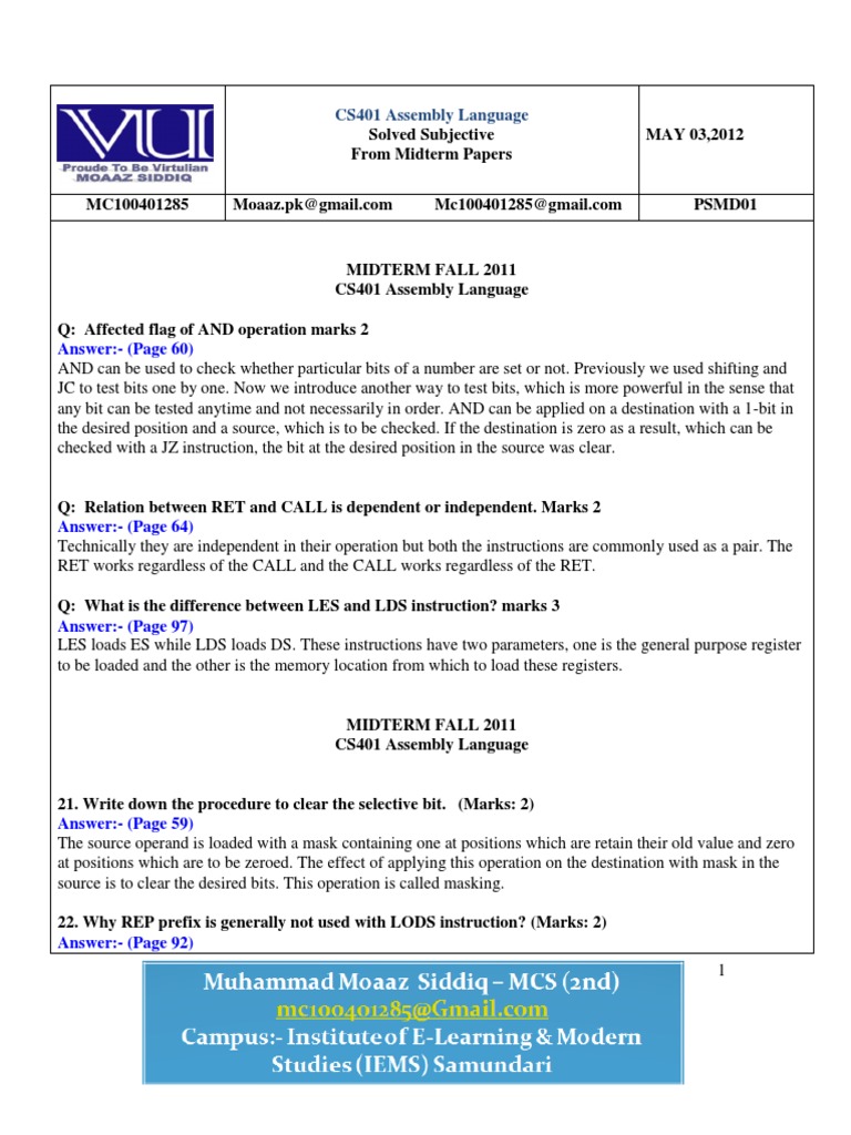 cs401 Midterm S | PDF | Assembly Language | Computer Engineering