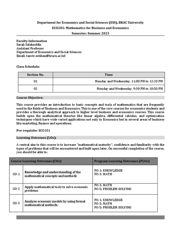 ECO201 Course Outline OBE | PDF | Mathematics | Mathematical Optimization