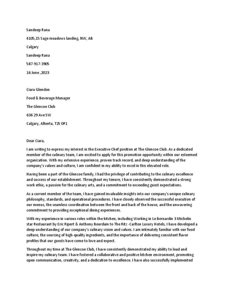 Executive Chef Cover Letter | PDF