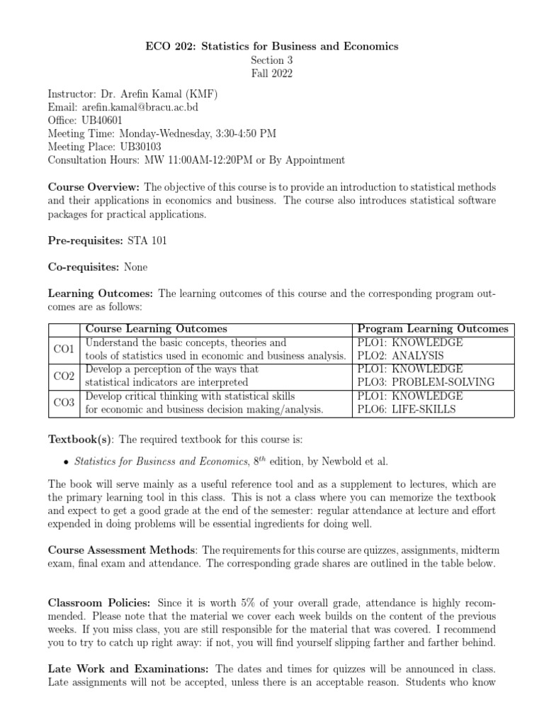 Eco 202 Fall 2022 Outline | PDF | Probability Distribution | Statistics