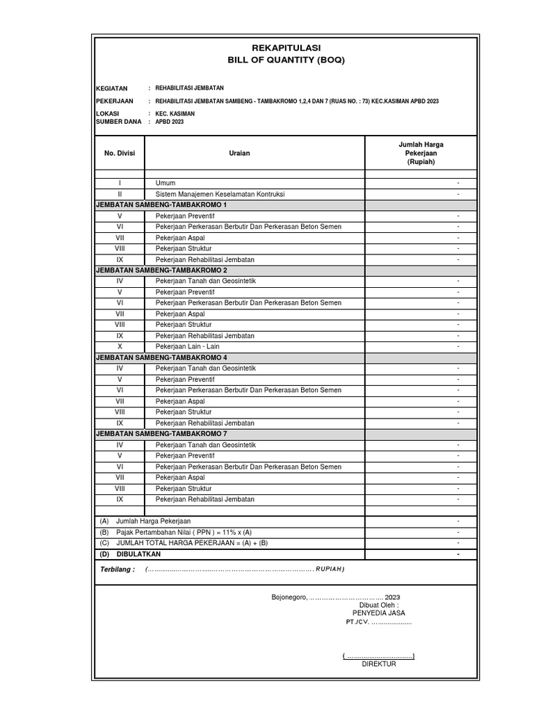 REV BOQ REHABILITASI JEMBATAN SAMBENGTAMBAKROMO 124 Dan 7 | PDF