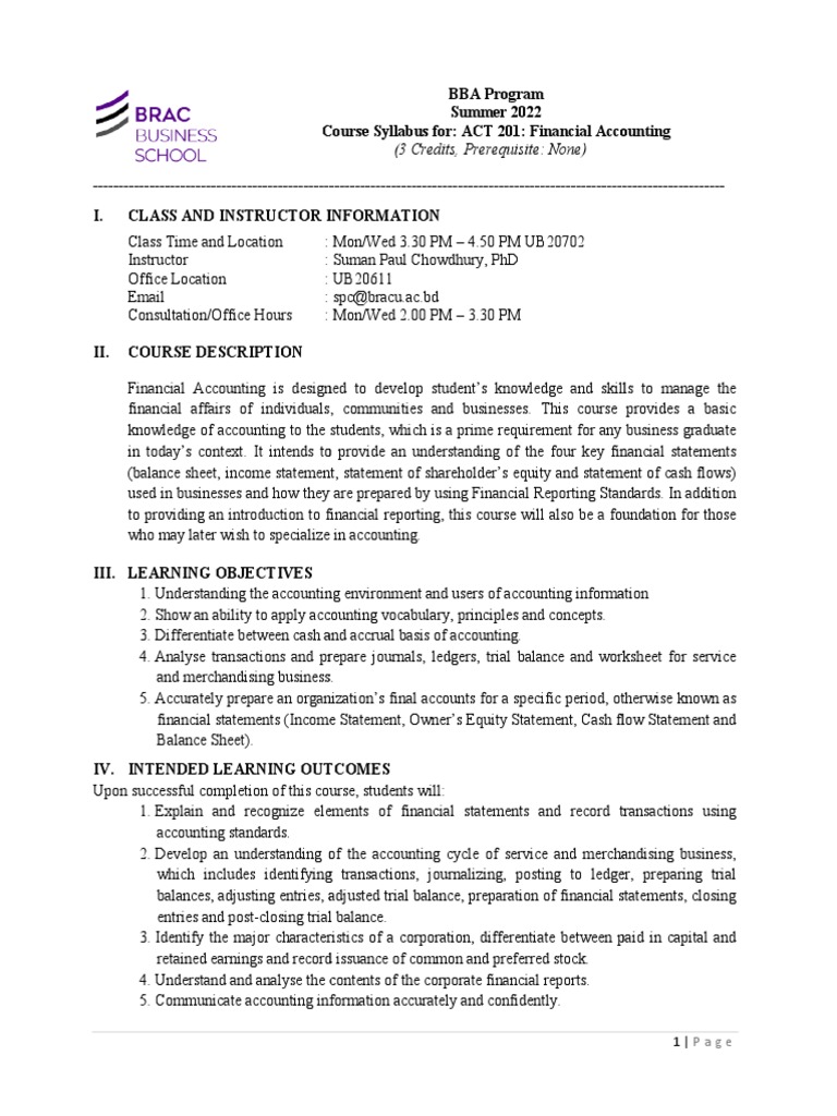 Course Syllabus ACT201 - Summer 22 | PDF | Financial Statement | Financial Accounting