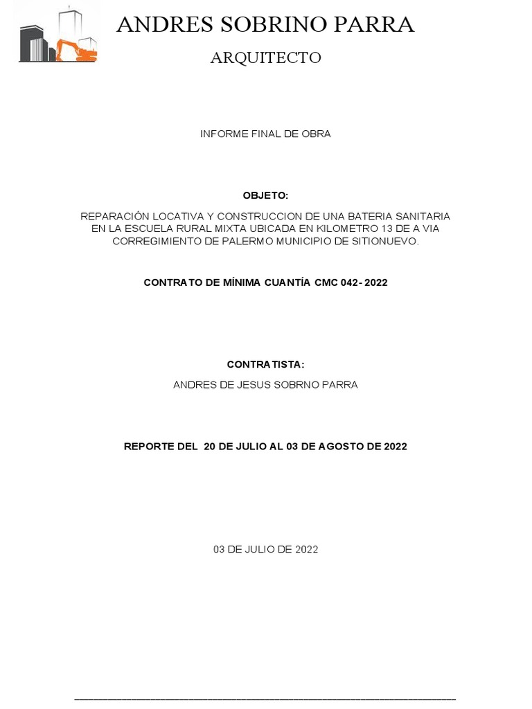 INFORME FINAL DE OBRA ANDRES SITINUEVO BATERIA SANITARIA | PDF ...