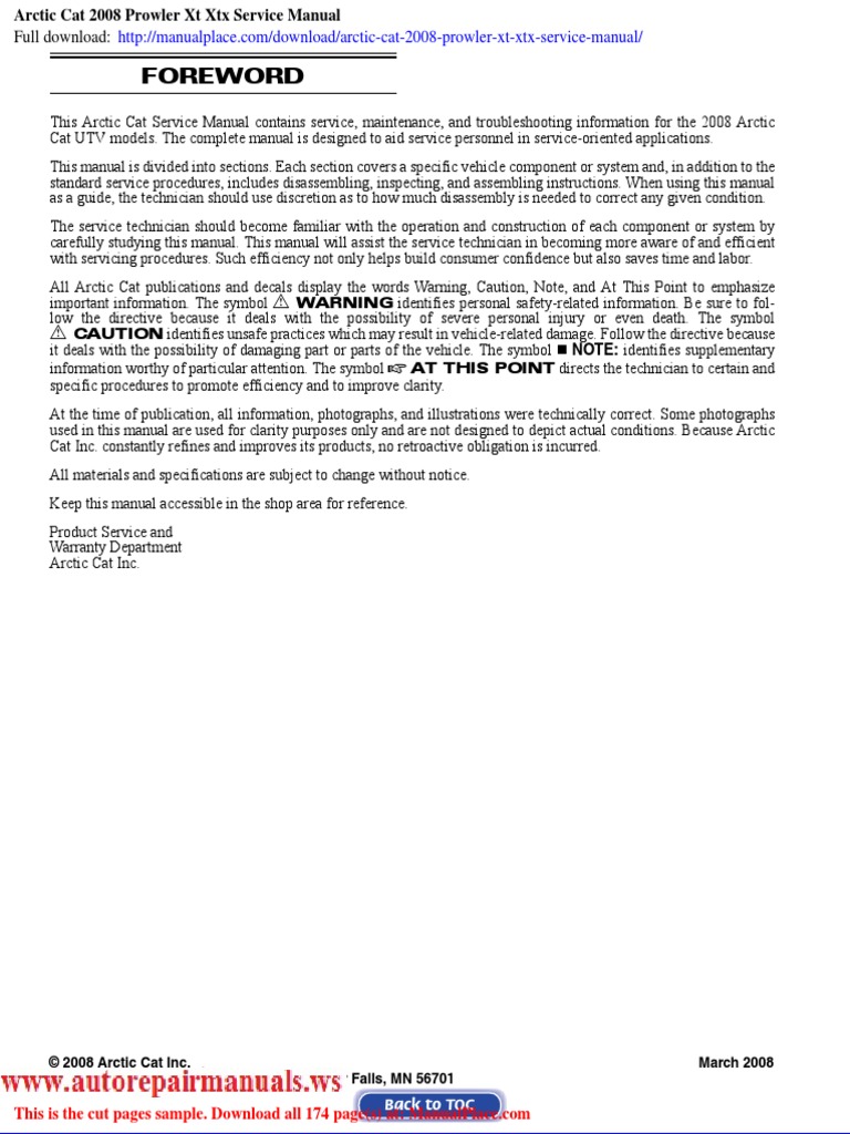 Arctic Cat 2008 Prowler XT XTX Service Manual | PDF | Gasoline | Axle
