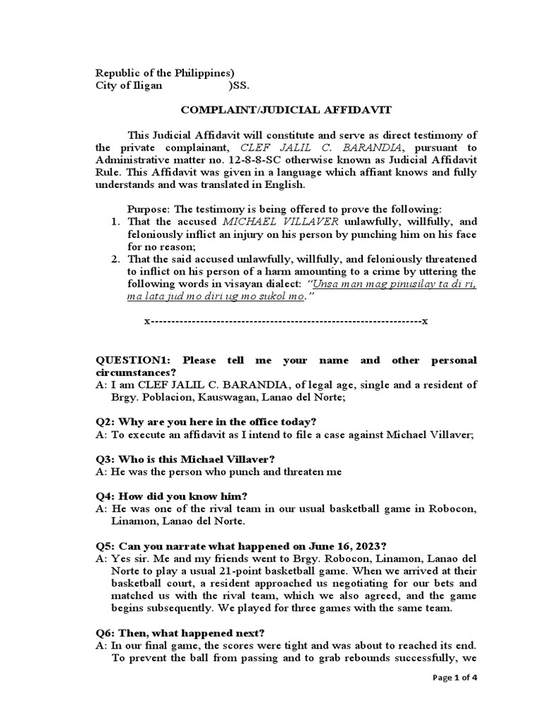 JUDICIAL AFFIDAVIT Slight Physical Injury | PDF | Affidavit | Justice