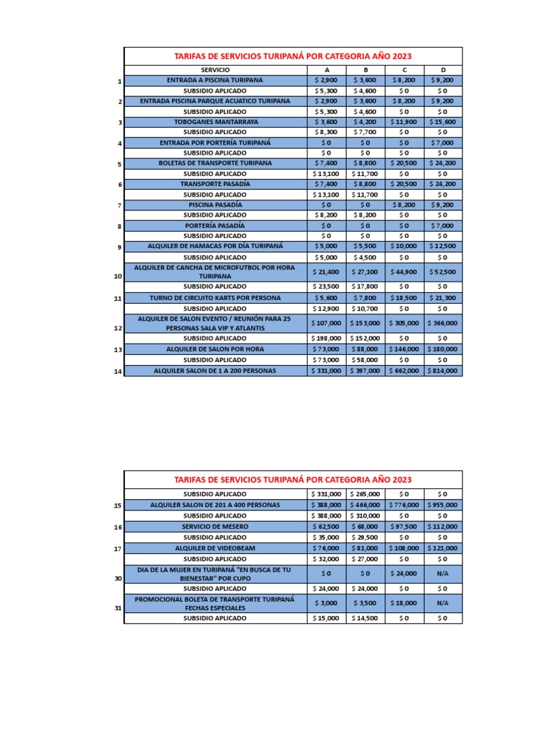 Tarifas Turipaná 2023: Servicios y Precios | PDF