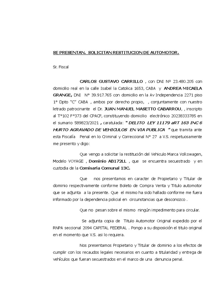 Solicita Restitucion Automotor | PDF | Propiedad | Ley común