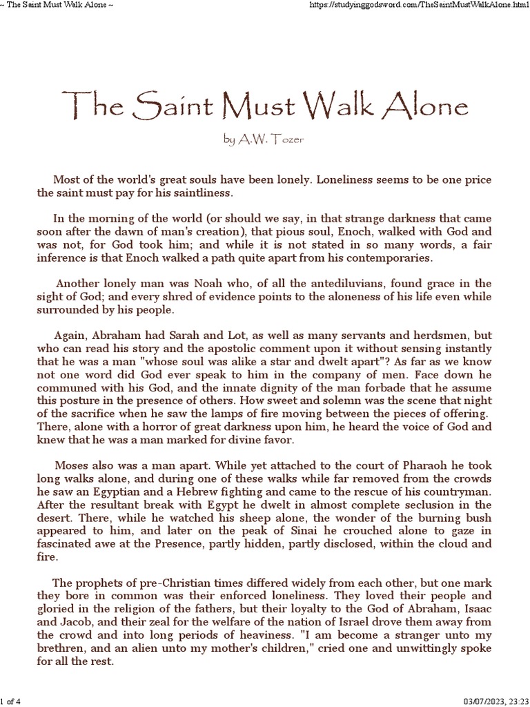 AW Tozer The Saint Must Walk Alone | PDF | Jesus | Loneliness
