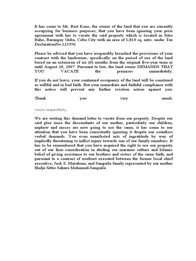 Letter of Demand To Vacate The Premises | PDF